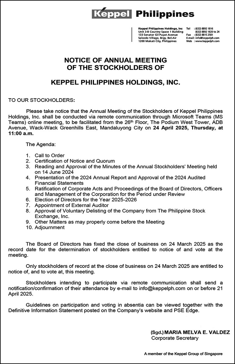 Keppel Philippines Holdings, Inc. to conduct Annual Stockholders ...