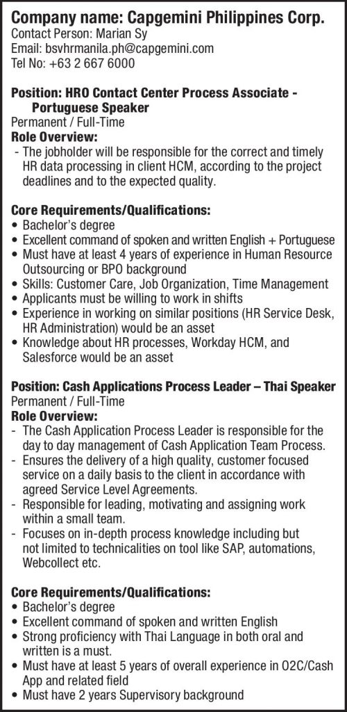 Capgemini Philippines Corporation is looking for the following ...