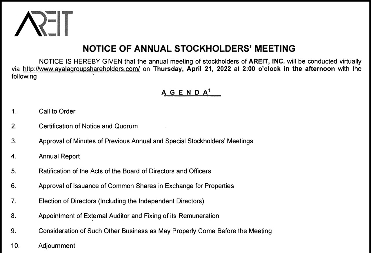 AREIT, Inc. announces schedule of annual stockholders’ meeting on April ...