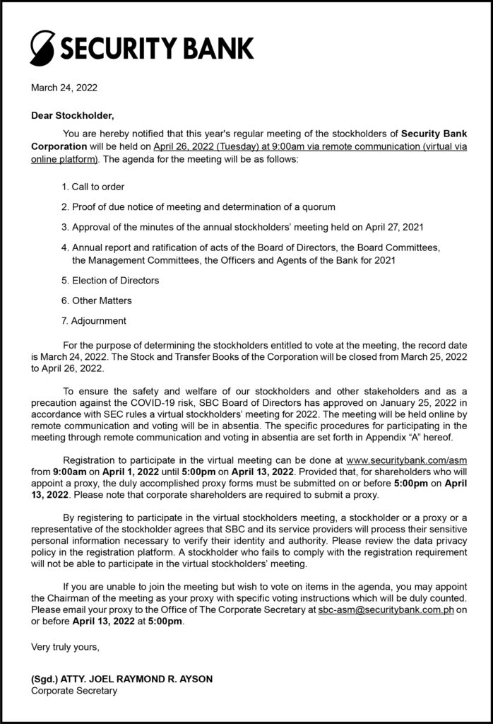 Security Bank Corp.'s meeting of stockholders set on April 26 via ...