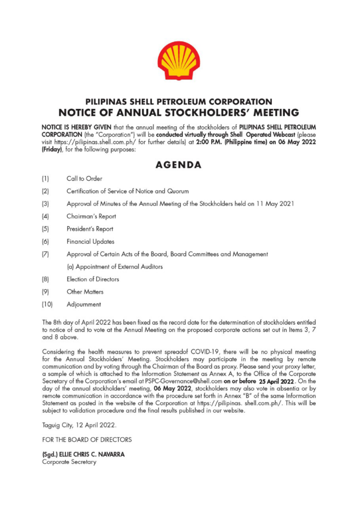 Pilipinas Shell Petroleum Corporation announces schedule of annual ...