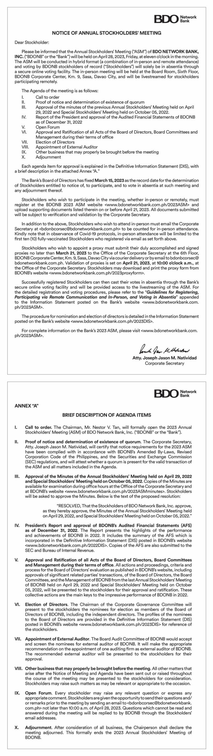 BDO Network Bank, Inc. announces Notice of Annual Stockholders’ Meeting ...