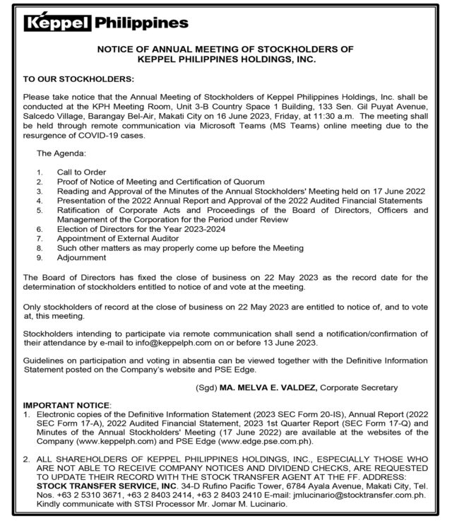 Keppel Philippines Holdings, Inc. to hold annual stockholders’ meeting on June 16 ...