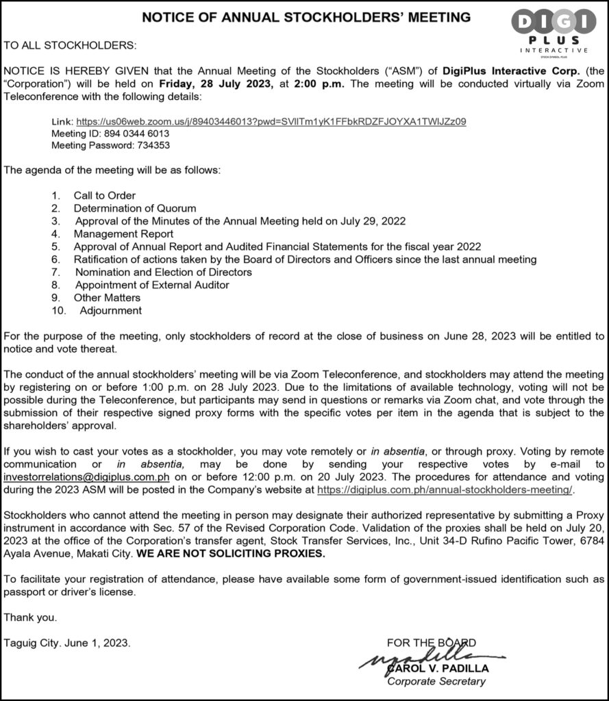 DigiPlus Interactive Corp. to hold 2023 Annual Meeting of Stockholders ...