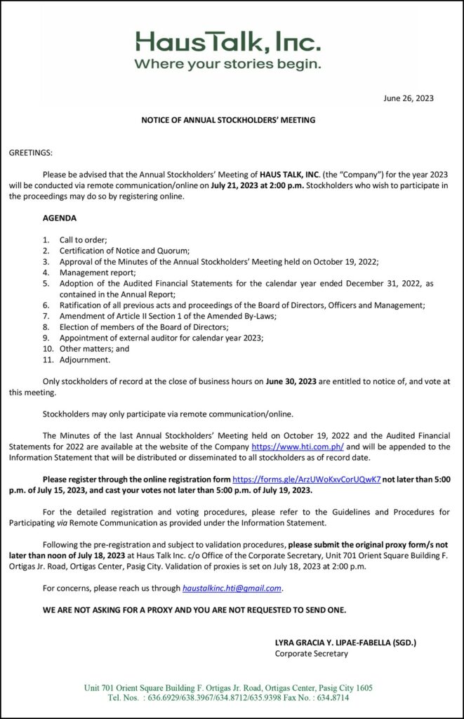 Haus Talk, Inc. to conduct 2023 Annual Stockholders' Meeting via remote ...
