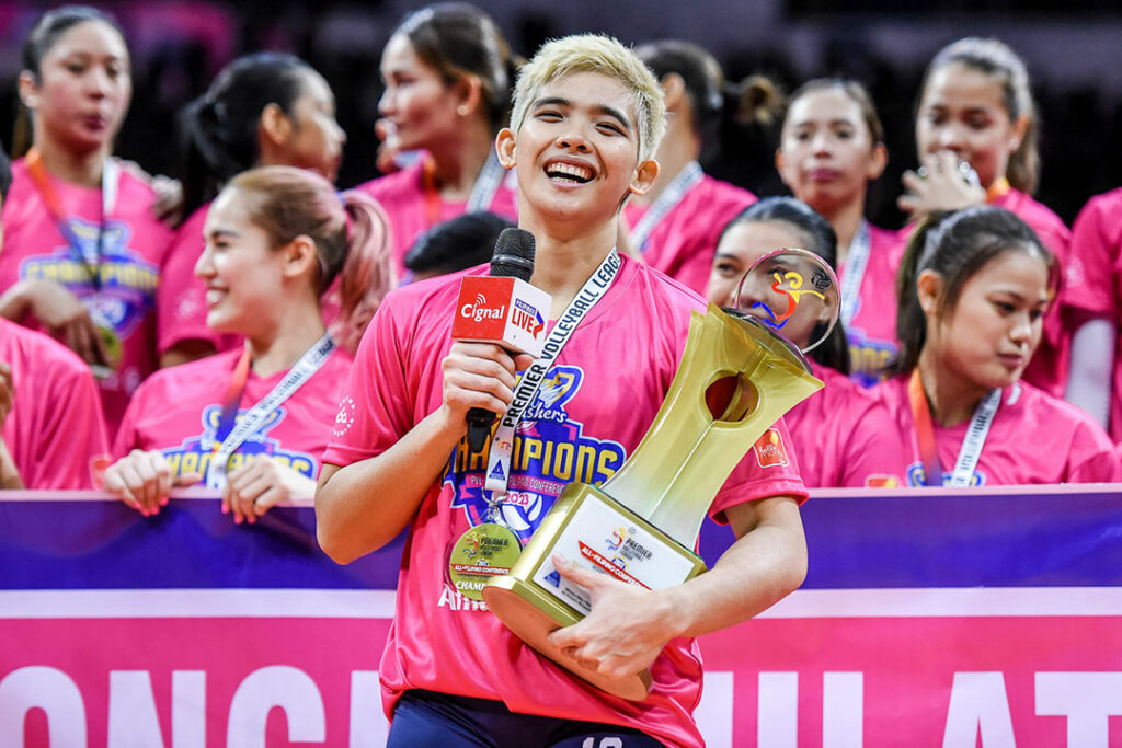 Tots Carlos quick to share PVL Finals MVP trophy with all her teammates ...