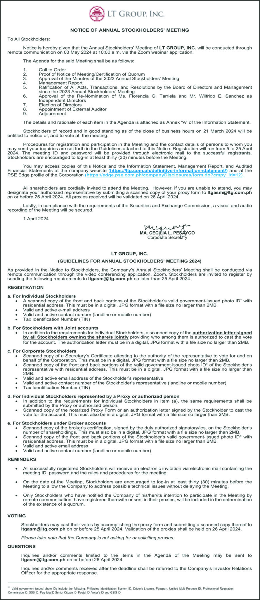 LT Group, Inc. to conduct 2024 Annual Stockholders’ Meeting on May 3 ...