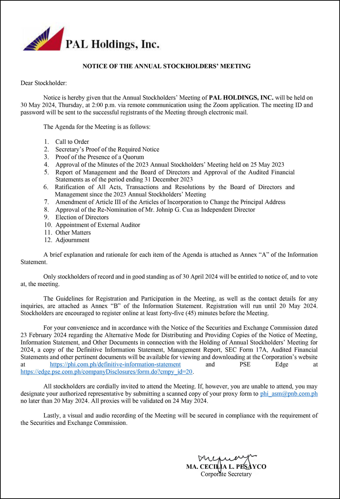 PAL Holdings, Inc. to hold Annual Stockholders' Meeting on May 30 via ...