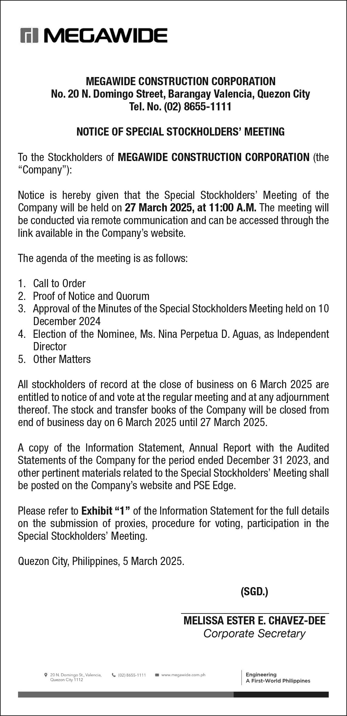 Megawide Construction Corp. to conduct Special Stockholders' Meeting ...