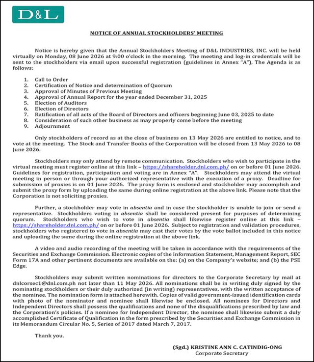 D&L Industries, Inc. to hold virtual Annual Stockholders' Meeting on ...